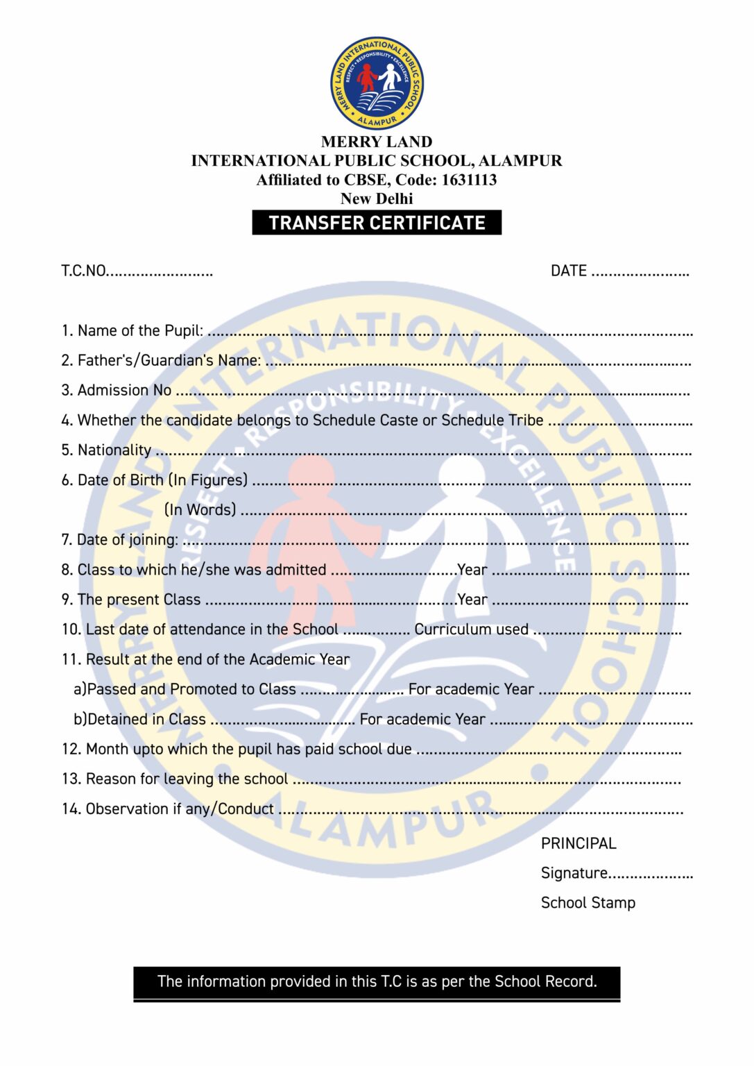 Transfer Certificate – Merryland International School